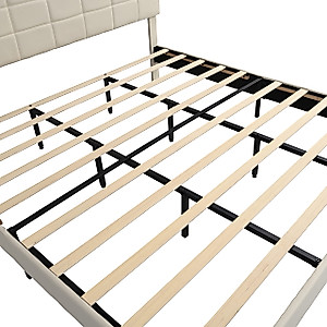 Jintop King Size Platform Bed Frame with Fabric Upholstered Headboard and Wooden Slats,No Box Spring Needed,Easy Assembly, Bedroom Furniture for Teens & Adults,Dark Beige