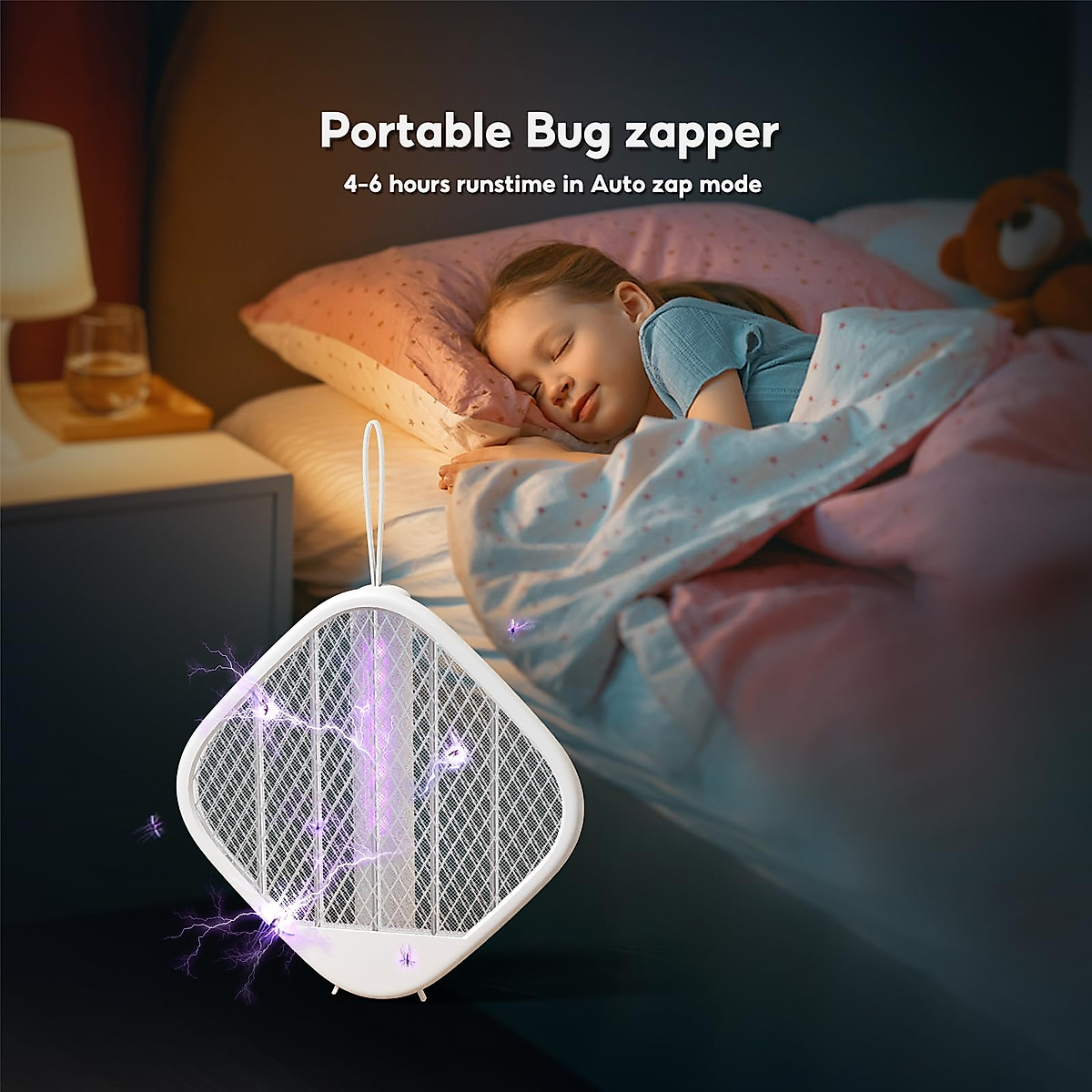Qualitell Fly Swatter Electric Zapper Rechargeable, Mosquito Zapper Racket Kills Mosquitoes in Corners, Fly Zapper Folding Hanging Standing Handheld LED UV Bug Trap Light for Indoor Outdoor