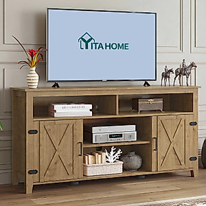 YITAHOME Farmhouse TV Stand for TVs up to 65 Inch, Entertainment Center with Open Shelf & Adjustable Shelf, Rustic TV Media Console Table for Living Room, Barnwood, 59 Inch