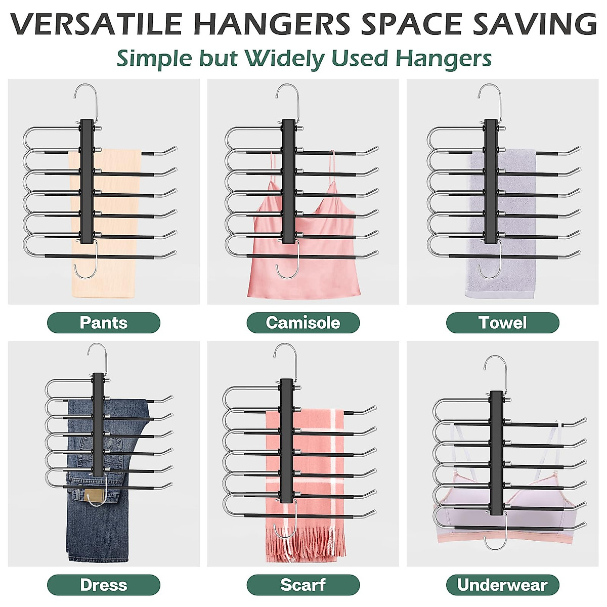 DOIOWN Pants Hangers Space Saving: 2 Pack 6 Tier Open Ended Pants Hangers for Men Women, Non Slip Black Hangers for Pants, Jean, Trouser, Scarf, Multiple Hangers in One, Closet Organizers and Storage