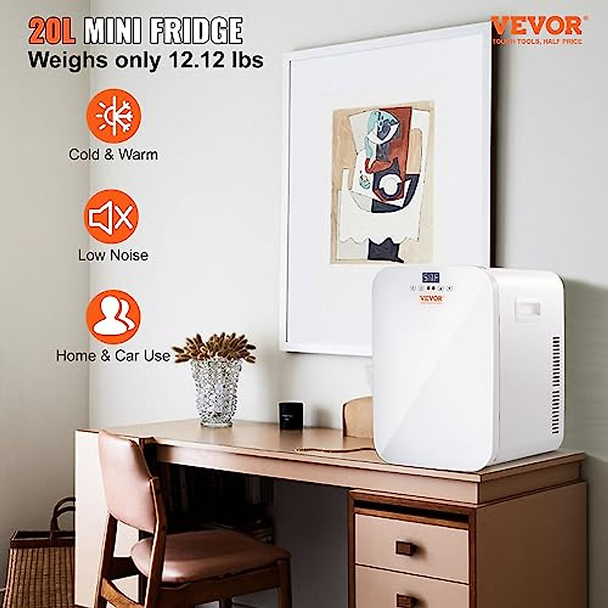 VEVOR Mini Fridge, 20L Skincare Fridges with Temper Control Touch Screen, Portable Small Beverage Refrigerator for Bedroom Office Car Dorm, AC/DC Cool Warmer for Cosmetic Drink Milk, White