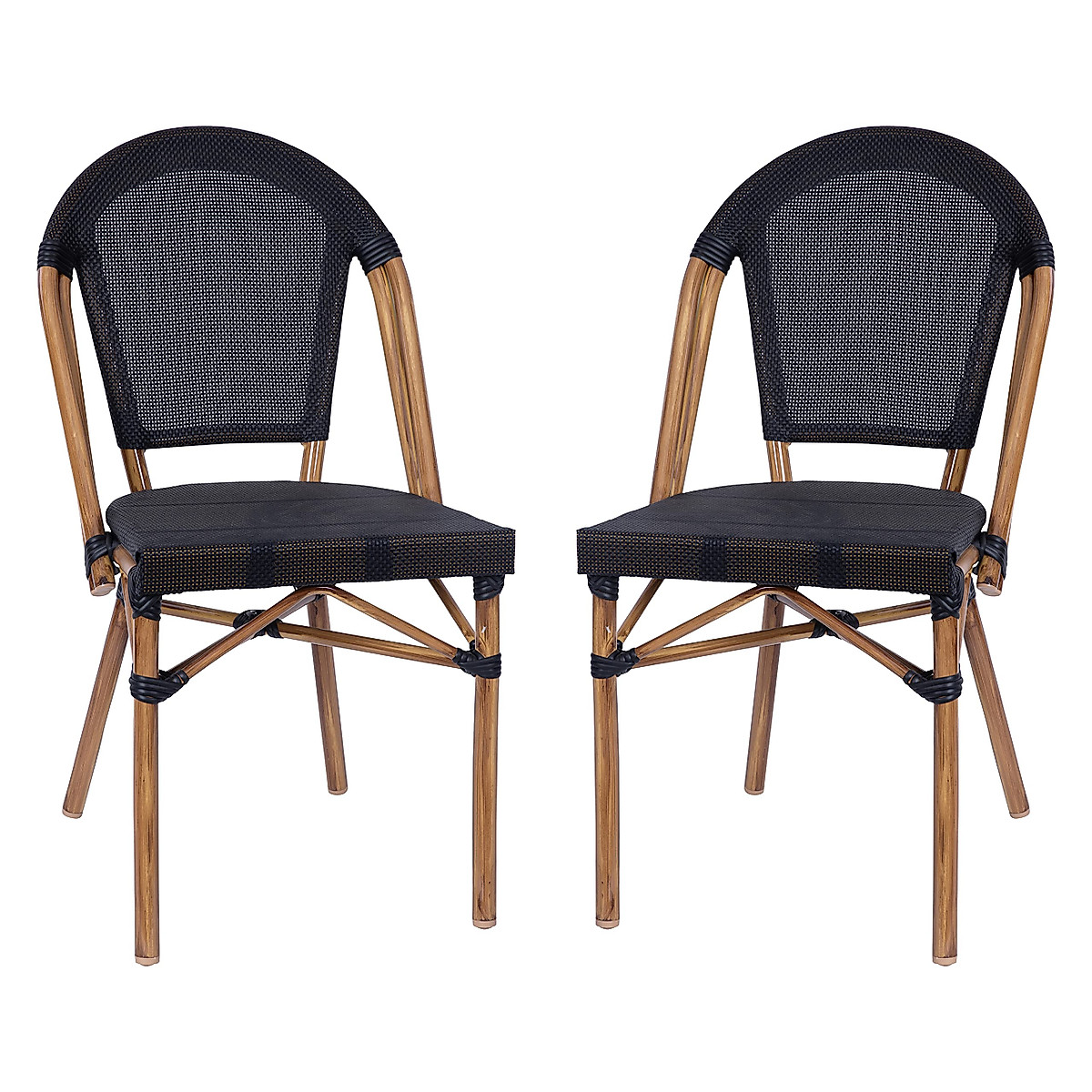 BizChair Set of 2 Indoor/Outdoor Commercial Bistro Stacking Chair, Black Textilene Back and Seat, Bamboo Print Aluminum Frame in Natural