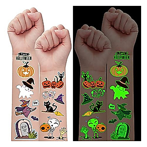 Partywind 10 Sheets Luminous Halloween Temporary Tattoos for Kids, Glow Halloween Decorations Birthday Party Favors Supplies, Halloween Fake Tattoos Goodie Bag Fillers Games Accessories for Party
