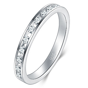 BORUO 925 Sterling Silver Cubic Zirconia Ring - Silver Eternity Band - Sterling Silver Rings For Women - Silver Wedding and Anniversary Band Women, 2mm Size 7