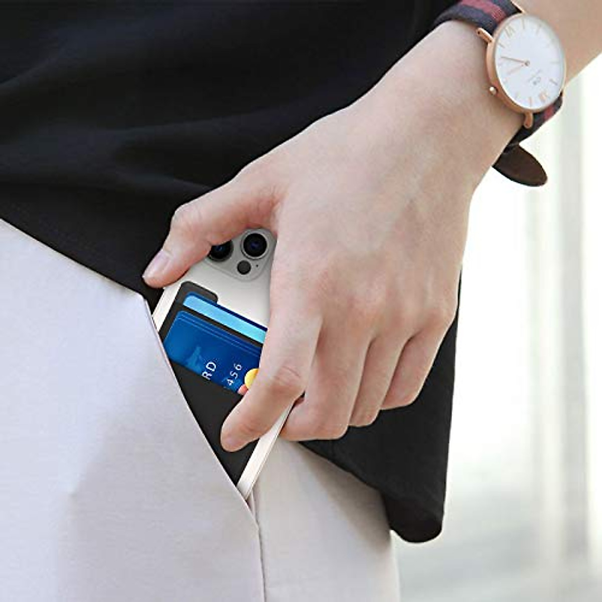 FYY Card Holder for Phone Case, 2 Pack Stick on Phone Wallet, Stretchy Lycra Credit Card for Back of Phone Card Wallet Sleeve Pouch Compatible with iPhone Samsung Android Smartphones Black & Black