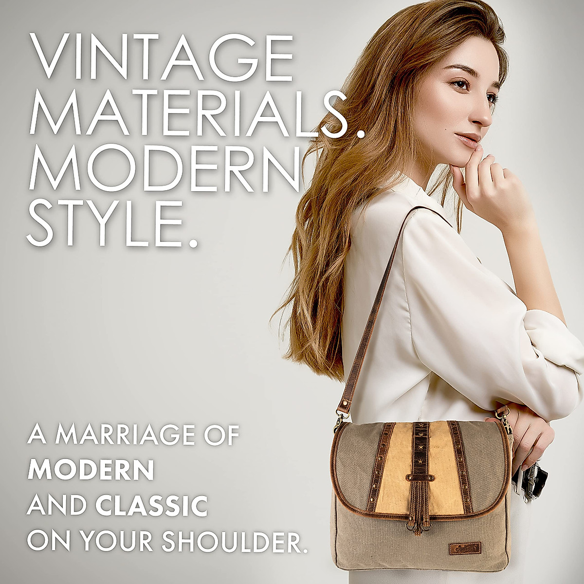 SIXTEASE Crossbody Bag for Women Vintage Style Genuine Leather, Upcycled Canvas, Rug, or Hair On - Cross Body Womens Bags with Inside Zipper Pockets - Larger Capella