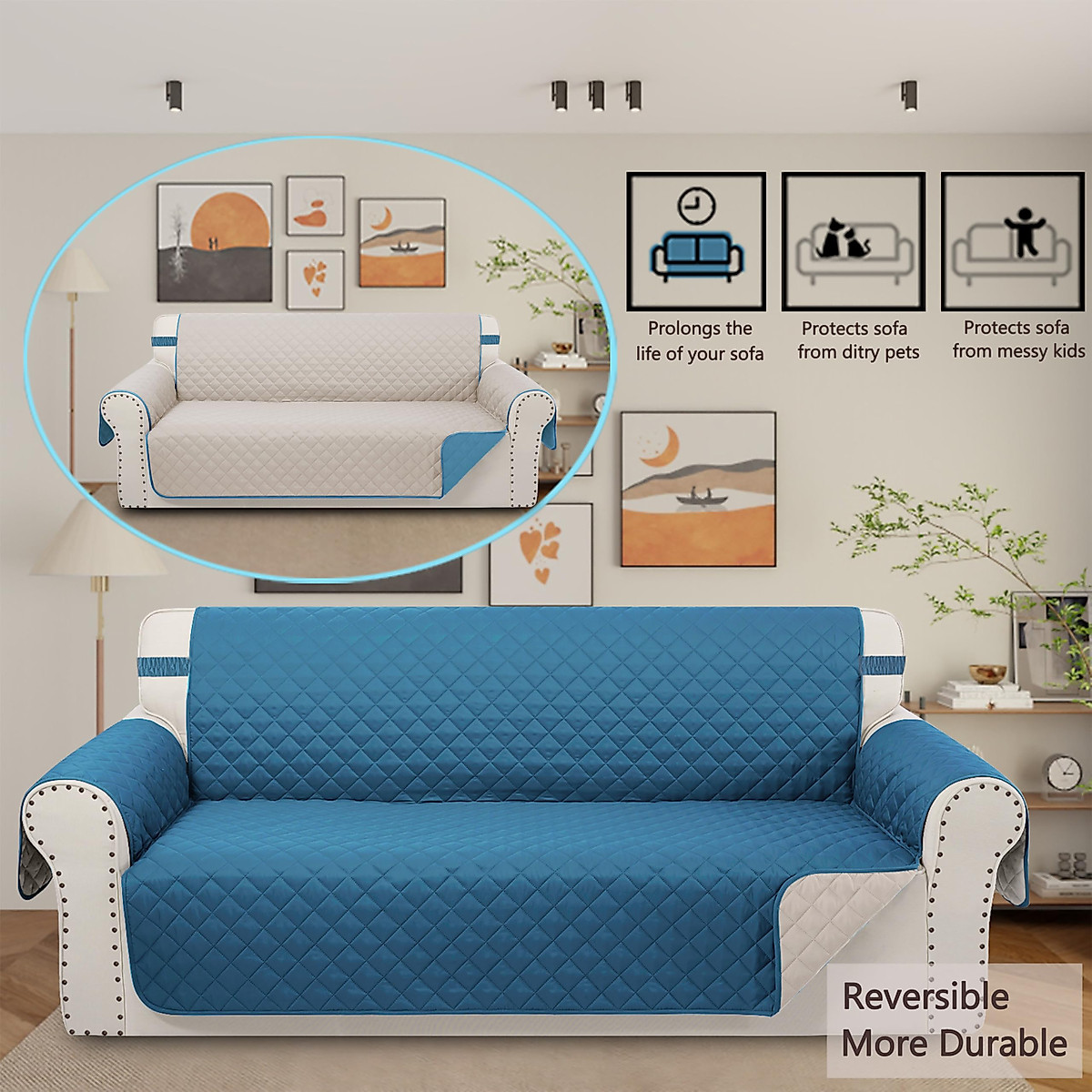 Luxshare Home Reversible 4 Seater Sofa Cover 91 Inch Large Couch Cover Furniture Protector(Sofa XX-Large,Blue/Beige)