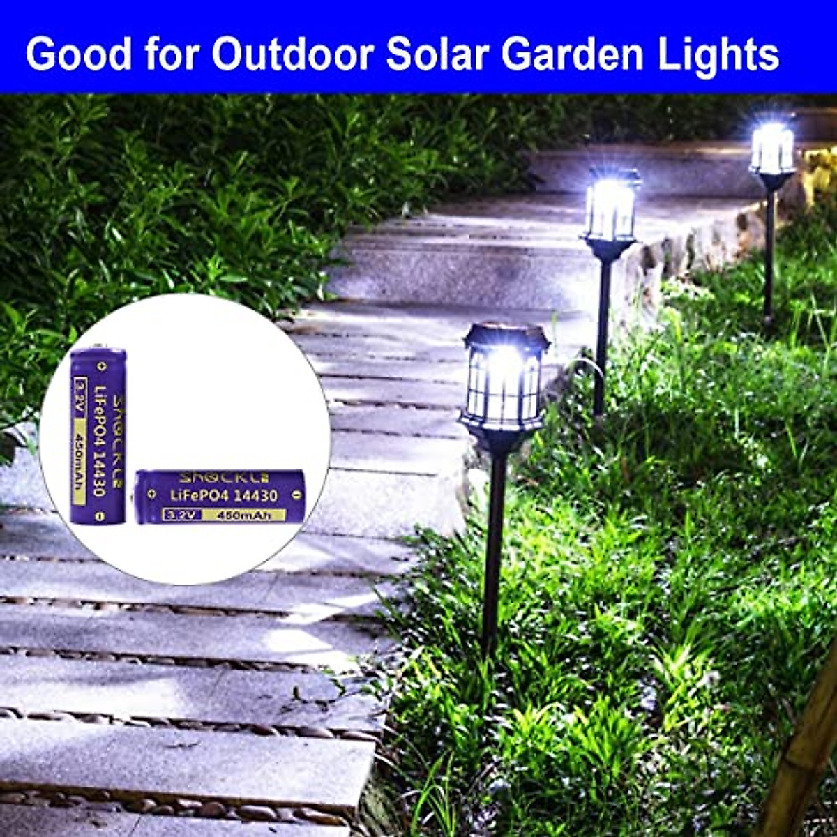 funkawa (2-Pack Shockli 14430 3.2V 450mAh LiFePO4 Rechargeable Solar Battery for Outdoor Solar Garden Light【Shorter Than AA!】