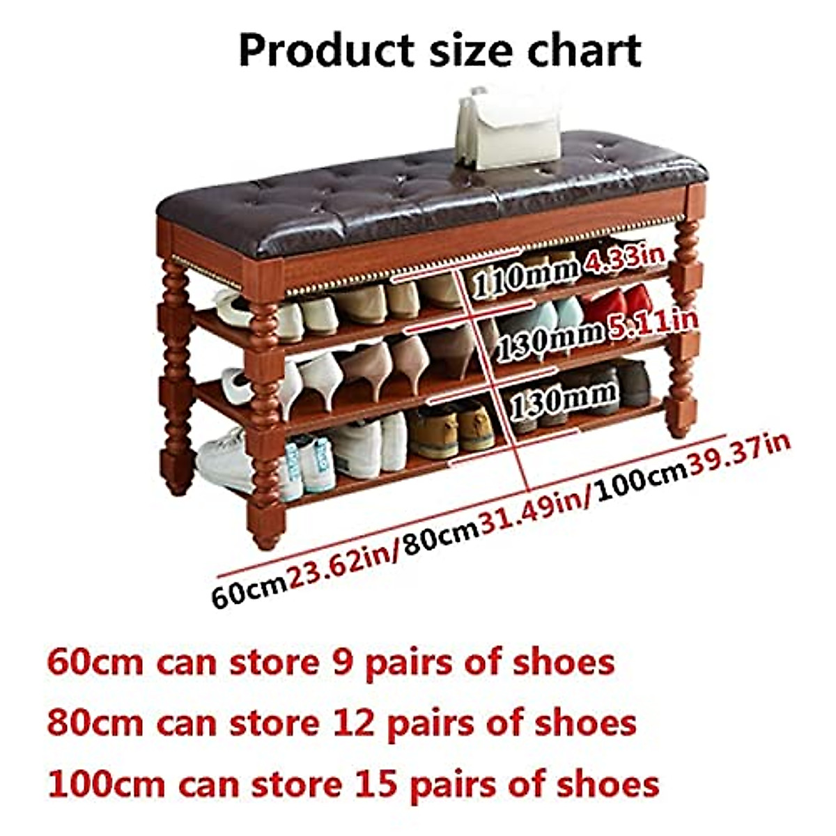 ALDEPO Shoe Cabinet Shoe Stool 2/3 Layers Shoe Bench in Entrance Hallway Shoe Rack Solid Wood Storage Cabinet with PU Seat Cushion Living Room Hotel Bedroom Wardrobe Retro Style Easy Like