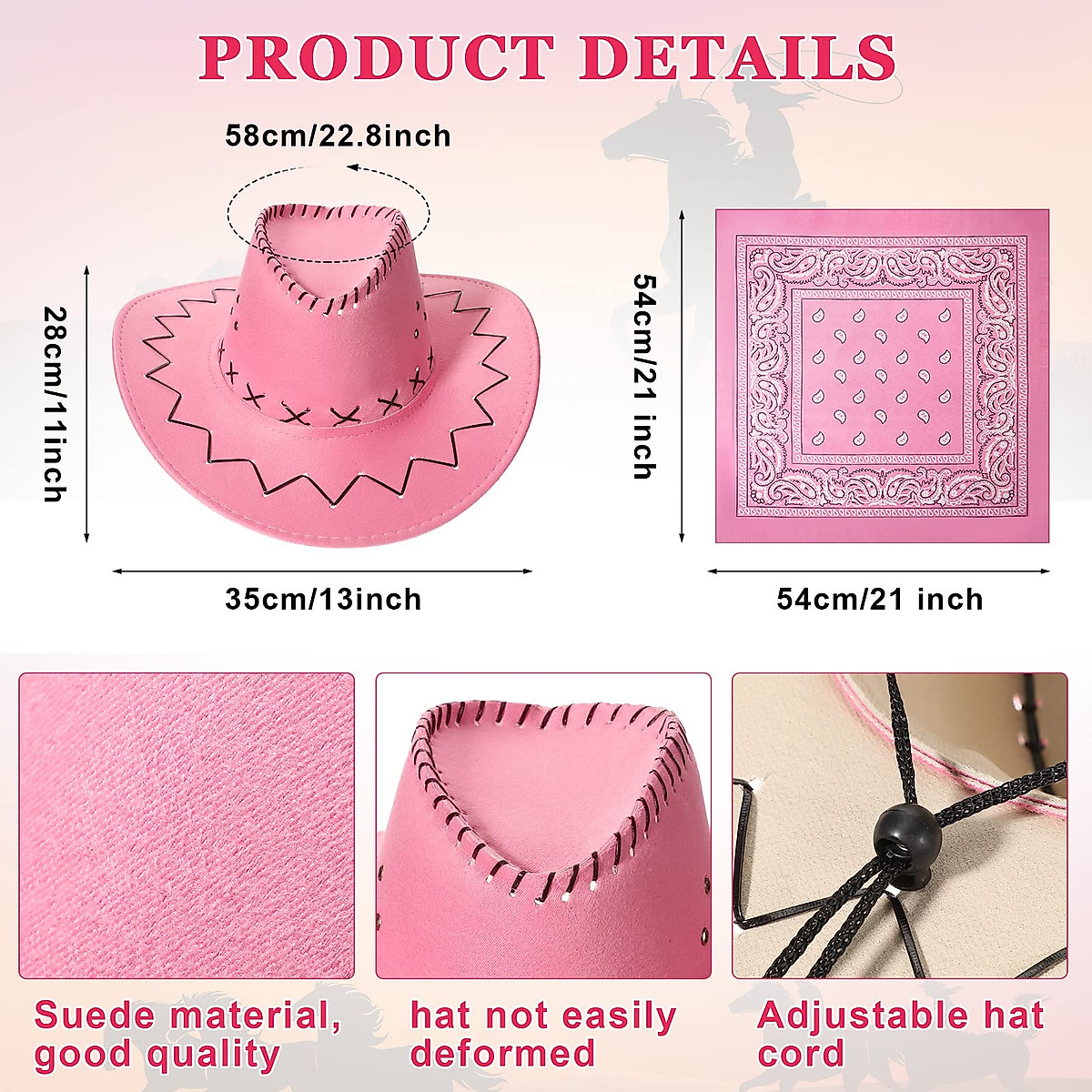 12 Pcs Pink Cowboy Hats with 12 Polyester Bandanas, Western Cowgirl Suede Hats Rodeo Princess Hat for Dress-Up Bachelorette Parties Play Costume