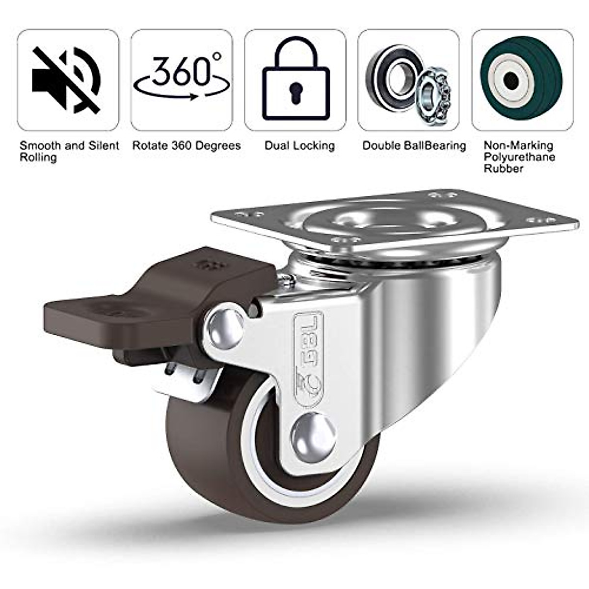 GBL 1" inch Small Caster Wheels with 2 Brakes + Screws - 90Lbs - Low Profile Castor Wheels with Brakes - Set of 4 No Floor Marks Silent Casters - Mini Wheels for Cart