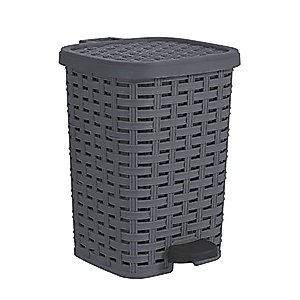 Superio Small Square Pedal Trash Can 7.5 Qt. Charcoal Grey - Rattan Style Compact Small Garbage Can with Lid for Small Spaces, Indoor Outdoor
