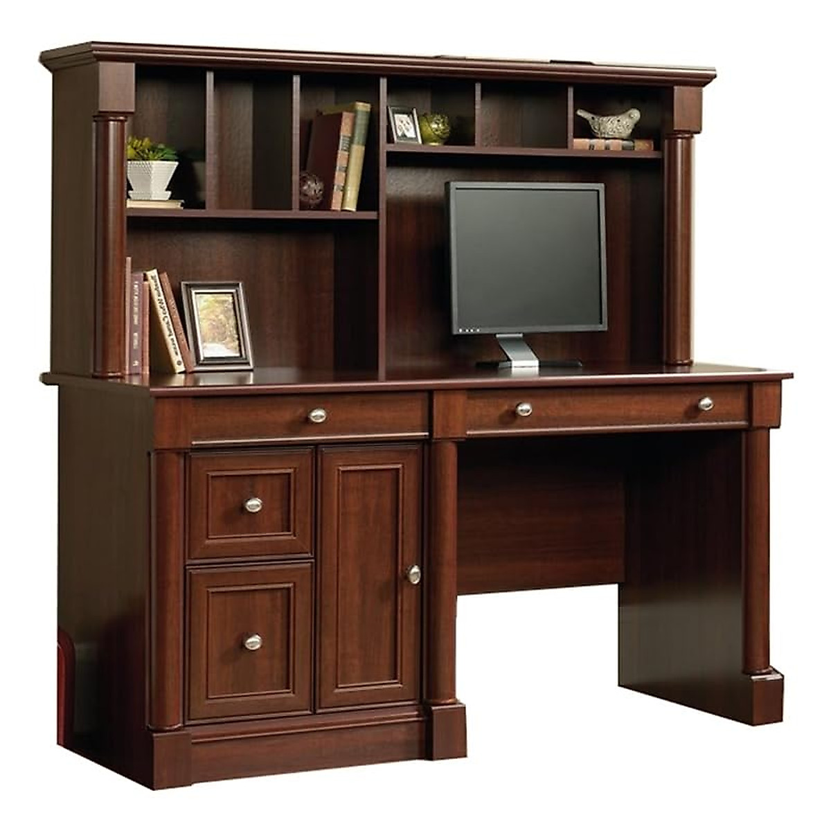 BOWERY HILL Home Office Computer Desk with Hutch, CPU Storage, Letter Size File Hanging Drawer in Cherry