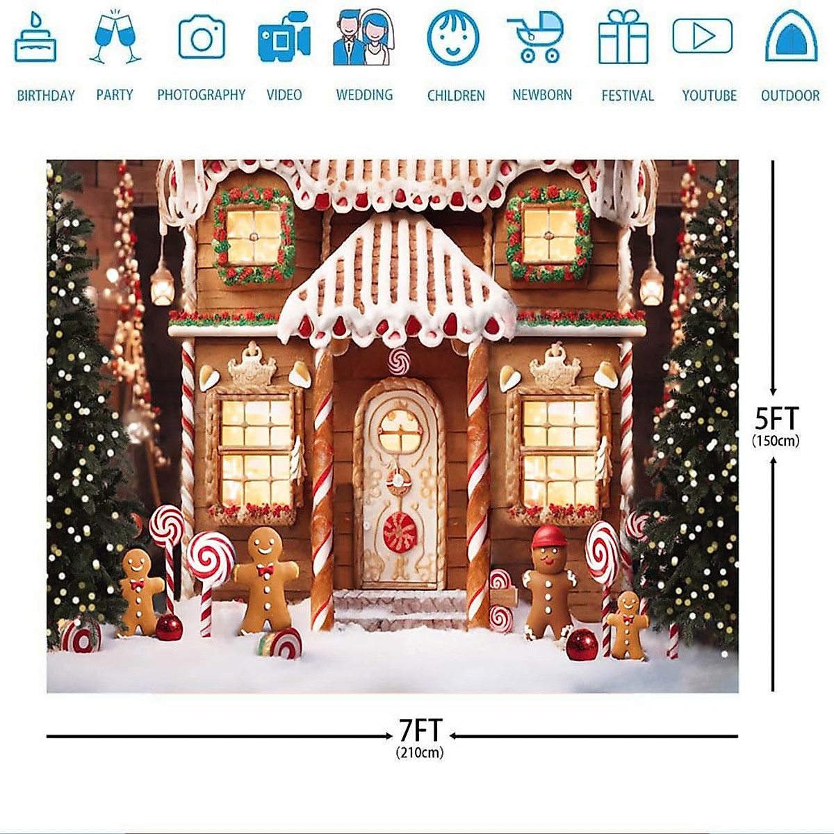 Ticuenicoa Christmas Winter Gingerbread House Backdrop 7x5ft Merry Xmas Snow Tree Eve Party Decorations Photography Background Snowflake Kid Portrait Banner Photo Shoot Studio Props