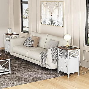 LDTTCUK Side Table with Charging Station, End Table with Power Outlet & USB Ports, Nightstand with 2 Tiers Storage Space and Storage Cabinet, Sofa Side Tables for Bedroom, Living Room,Office,White