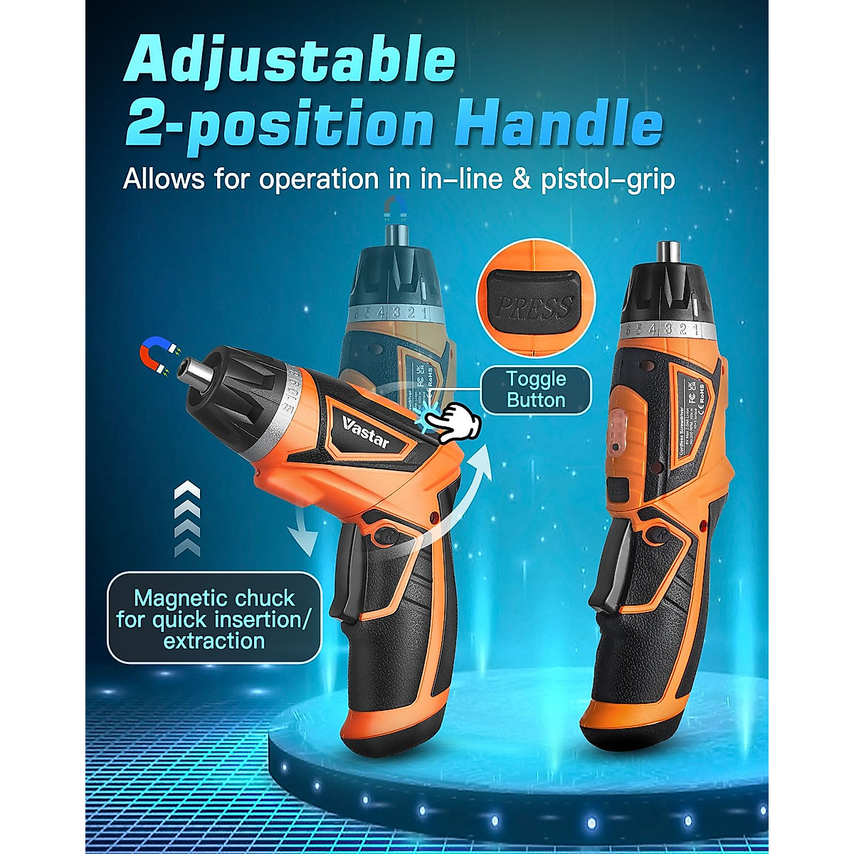 Vastar 8V Cordless Electric Screwdriver, 89Pcs Rechargeable Power Magnetic Screwdriver Kit in Carrying Case, with 10+1 Torque Settings, Dual Position Handle, Battery Indicator, Flexible Shaft, LED