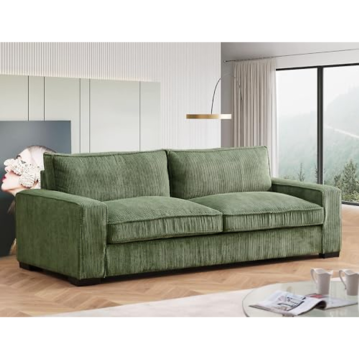 Container Furniture Direct Luxe Corduroy Sofa with Sleek Design, Spacious and Comfortable 3 Seater Couch for Modern Living Room, Ideal for Entertainment and Cozy Moments, Large, Green