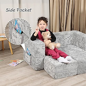 MOMCAYWEX 3pcs Kids Play Couch for Toddler, Glow in The Dark 3-in-1 Kids Couch Fold Out, Imaginative Kids Couch Play Set, Grey