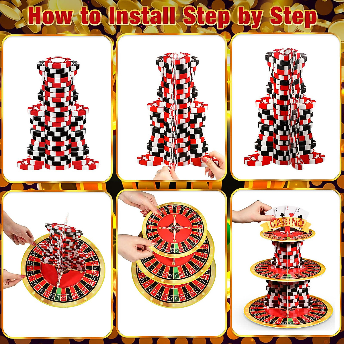Tanlade 3 Tier Casino Them Party Cupcake Stand Decorations Las Vegas Casino Themed Cupcake Holder Decor Poker Birthday Party Dessert Tower for Casino Nigh Birthday Las Vegas Night Party (Chip)