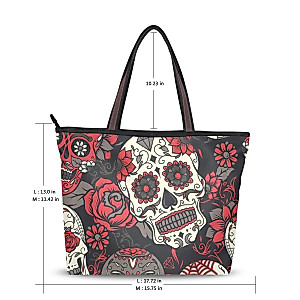 Womens Skull Tote Bag Top Handle Ladies Halloween Handbag Sugar Skull Purses and Handbags