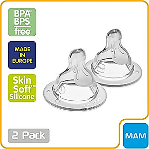 MAM Bottle Nipples Slow Flow Nipple Level 1, for Newborns and Older, SkinSoft Silicone Nipples for Baby Bottles, Fits All MAM Bottles, 2 Pack