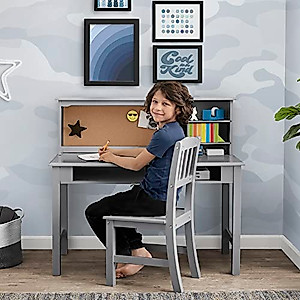 Delta Children Kids Wood Desk with Hutch and Chair - includes Cork Bulletin Board, Cubbies and Cutouts for Cords & Wires - Childrens Study/Computer/Writing Workstation (for Ages 5-12), Grey