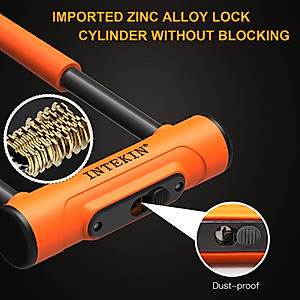 INTEKIN Bike U Lock Heavy Duty Bike Lock Bicycle Lock, 16mm U Lock and 5ft Length Security Cable with Sturdy Mounting Bracket for Bicycle, Motorcycle and More, Orange, Large