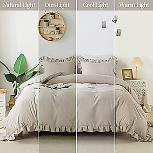 Andency Khaki Duvet Cover Full(79x90Inch), 3 Pieces(1 Ruffled Duvet Cover and 2 Pillowcases) Farmhouse Shabby Chic Duvet Cover, Soft Microfiber Duvet Cover Set with Zipper Closure & Corner Ties