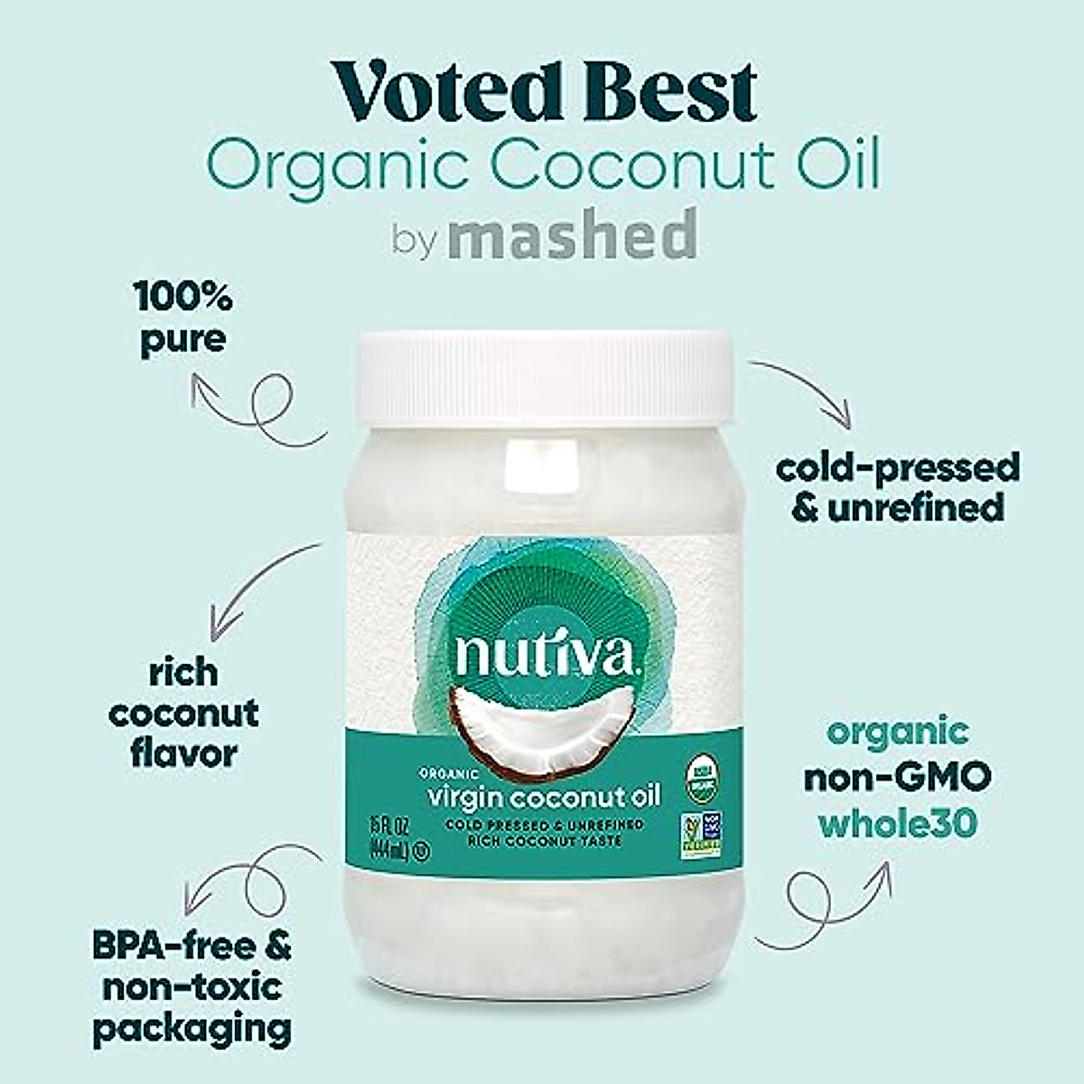Nutiva Organic Coconut Oil 15 fl oz, Cold-Pressed, Fresh Flavor for Cooking, Natural Hair, Skin, Massage Oil and, Non-GMO, USDA Organic, Unrefined Extra Virgin Coconut Oil (Aceite de Coco)