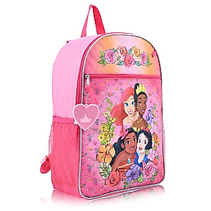 Disney Princess Girls Backpack for Little Kids | 6 Piece Set Girls Water Bottle Keychains Snack Tote and Knapsack for School