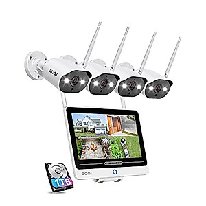 ZOSI 2K 8CH All in one Wireless Security Camera System with 12.5 inch LCD Monitor,4pcs 3MP WiFi IP Spotlight Cameras Outdoor Indoor,Color Night Vision,Two-Way Audio,1TB HDD for Home 24/7 Recording