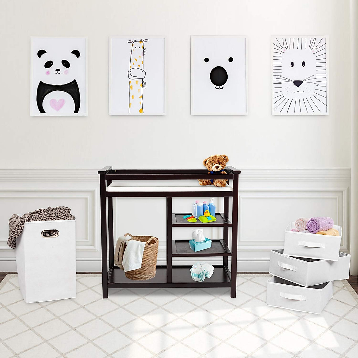 Kinquat Baby Changing Table w/Drawers and Hamper Bag - Changing Table Station, Changing Table Dresser, Changing Table Topper for Baby and Mom, Cherry