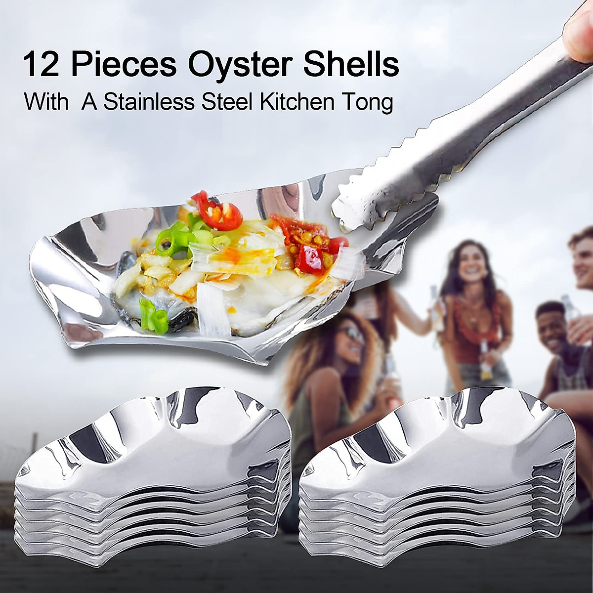 Linoone Reusable Stainless Steel Grilled Oyster Shells, Set of 12, Great for Make Oysters/Baked Clams/Scallop/Seafood of All Kind, Silver（Stainless Steel Kitchen Tongs） (Set of 12)