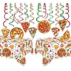Pizza Party Decorations Theme Supplies Rectangular Tablecloth for Parties Table Covers 2Pcs Picnic Pizza Table Cloths Birthday Party Decor Hanging Swirls Streamers Hanging Decor from Ceiling
