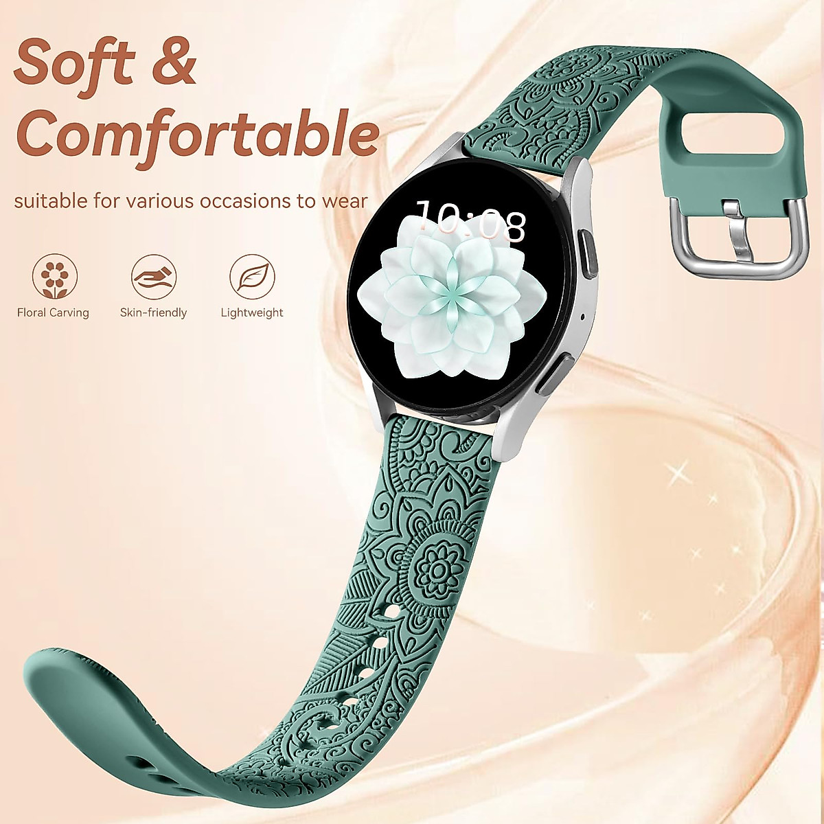 Odbeai Compatible with Galaxy Watch 4 Band, Floral Engraved Bands Compatible with Samsung Watch 6 Bands, Soft Silicone Breathable Waterproof Cute Strap for Galaxy Watch 7/5/5 Pro/4 6 Classic/Active 2