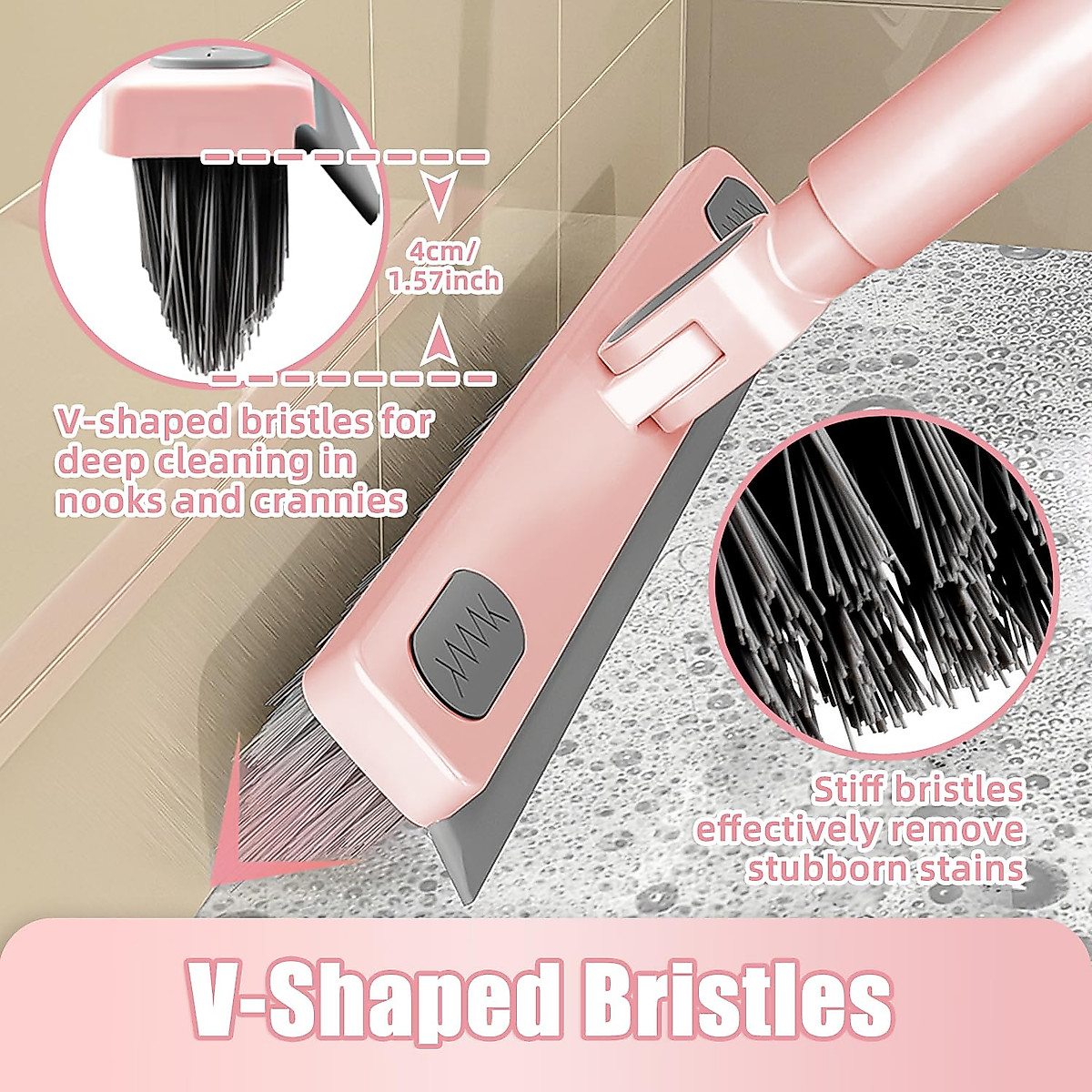 KZKR Floor Scrub Brush with Squeegee,Grout Brush with Telescopic Long Handle,V-Shape Floor Scrubber Brush with Scrape Stiff Bristle Shower Tile Grout Cleaning Tool for Kitchen Bathroom Baseboard Deck