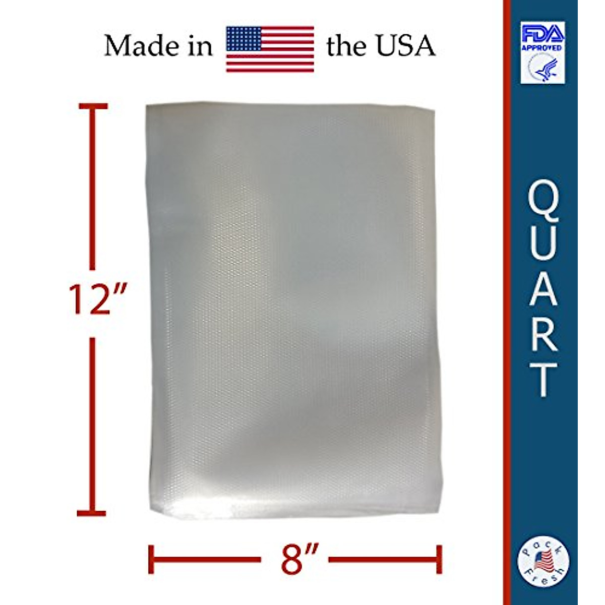 PackFreshUSA: Quart Vacuum Sealer Bags (8" x 12") - Pre-Cut - BPA Free - Heavy Duty - Heat Sealable - Commercial Grade - Meal Prep - Sous Vide - Made in USA - 100 Pack