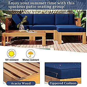 Goohome 5-Piece Wood Furniture Set, L-Shaped Outdoor 3-Seater Sectional Sofa Seating Group ConversationSets with Coffee Table and Water-Resistant, Patio, Backyard, E-Natural Finish+ Blue Cushions