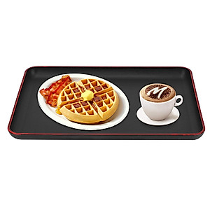 Rectangle Serving Tray,Tea Serving Tray， Bent Ply Tray,Fast Food Cafeteria Tray,Non-Slip Multi-Purpose Plastic Cafeteria Tray for Coffee Table, Kitchen, Parties，Black&Red (11.8 * 7.9 in)