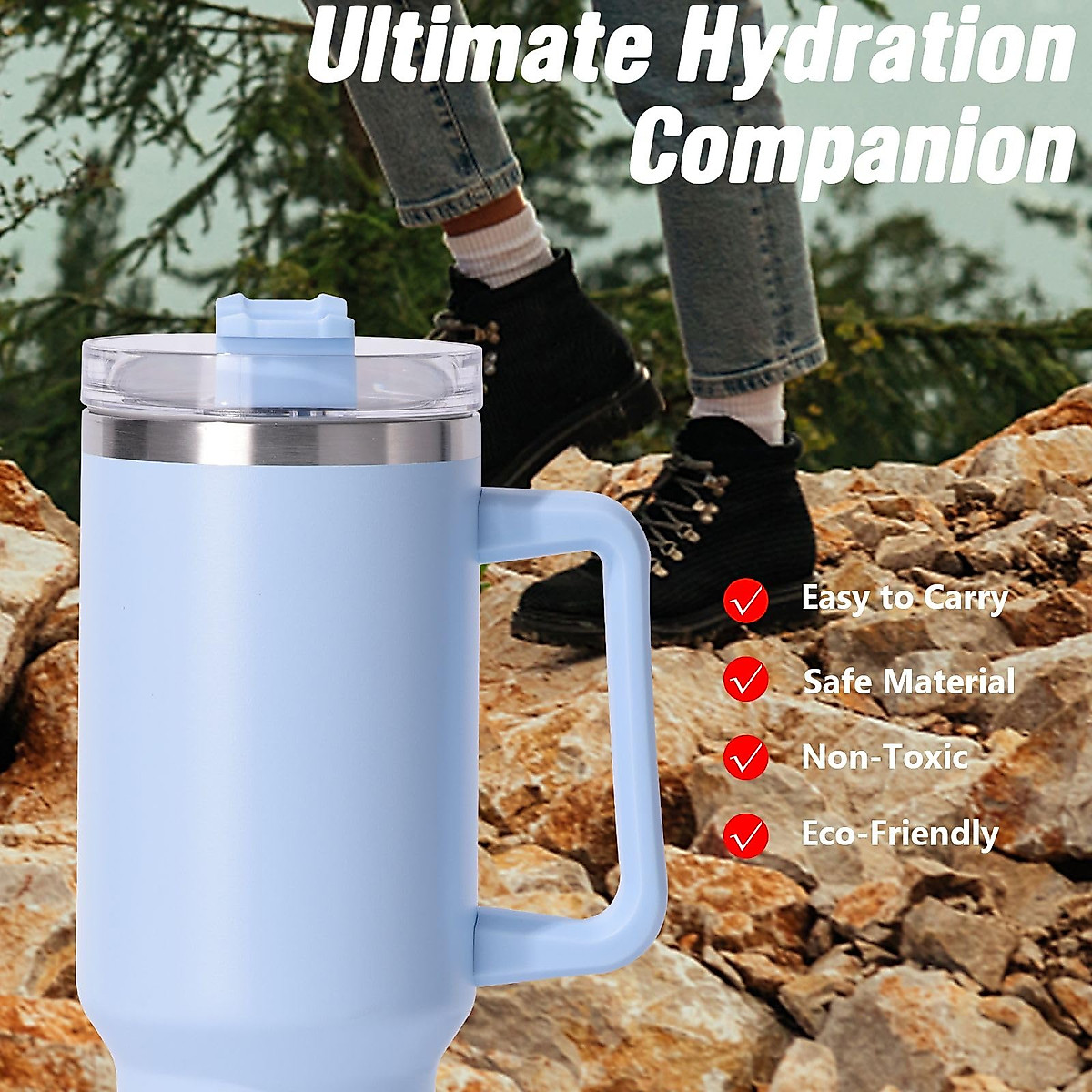 40 oz tumbler with handle, thermos cup with lid and straw, large metal sports kettle, hot stainless steel travel coffee cup (Sky Blue)