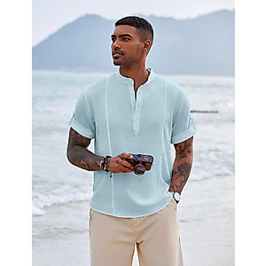 COOFANDY Men's Casual Beach T-Shirts Short Sleeve Henley Pullover Linen Button Down Shirts Fashion Summer Tops Clothing Blue