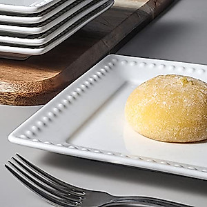 Wareland Bright White Embossed Dots Square Dessert Plates Set of 6, Ultra-fine Porcelain 6 inch Appetizer Plates, Farmhouse Salad Plates Set for Sides, Dessert, Snack, Small Heavy Duty Dinner Plates