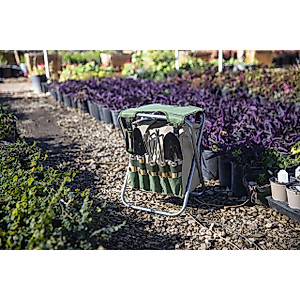 ONIVA - a Picnic Time brand Gardener Folding Seat with Tools, Garden Stool with Detachable Storage Tote Bag, Portable Chair Seat with Garden Tools Set Organizer, Olive Green with Beige Accents