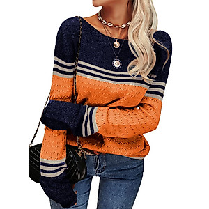 Danedvi Women Autumn Winter Colorblock Pullover Sweaters Round Neck Striped Slim Fitting Knitwear Tops Orange