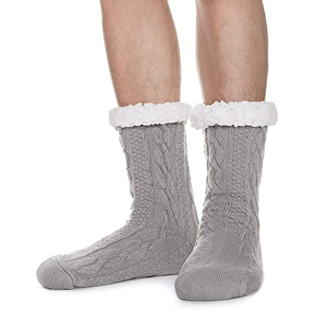 ProEtrade Slipper Fuzzy Socks for Mens Winter Fluffy Cozy Cabin Warm Fleece Soft Thick Comfy Anti Slip Gift Home Christmas Stocking Stuffer with Grips(Light Grey)