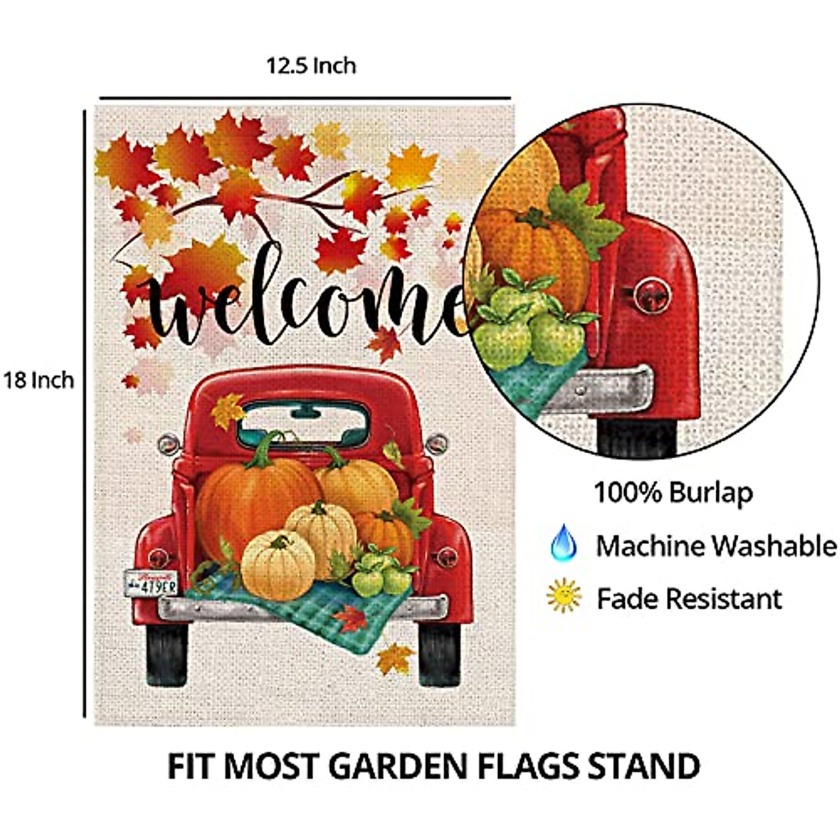 Thanksgiving Fall Welcome Garden Flags for Outside,Truck with Pumpkins Maple Leaves,Harvest Decorative Farmhouse Flag for Patch,12.5 x 18 Inch Double Sided,Small Thanksgiving Yard Flags for Autumn Outdoor Decor