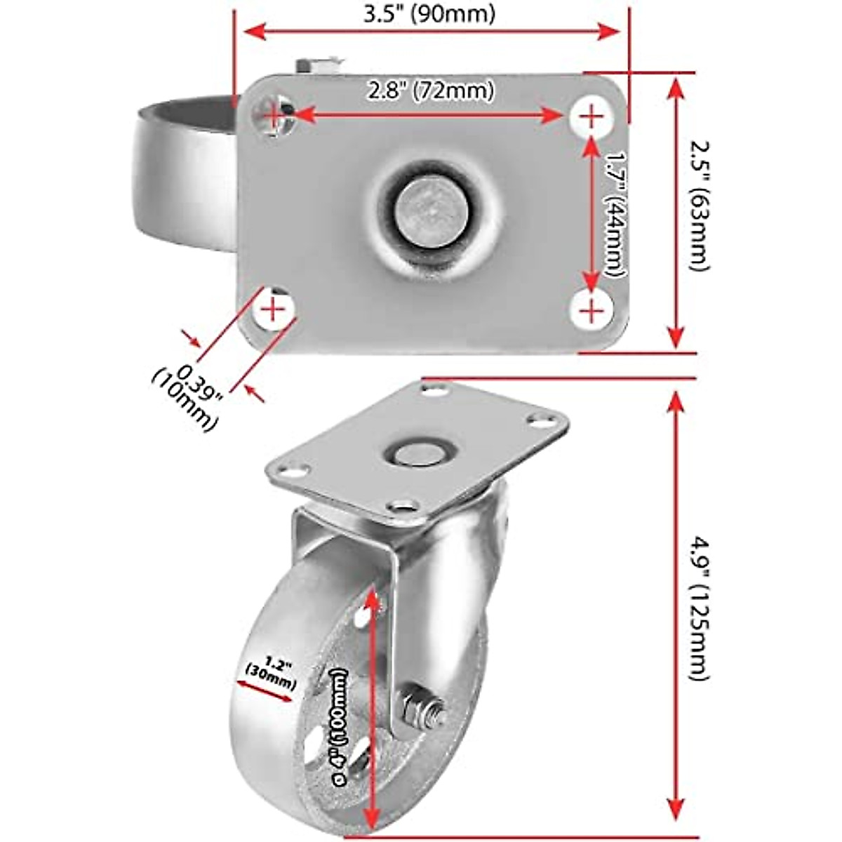 4 All Steel Swivel Plate Caster Wheels Heavy Duty High-Gauge Steel Gray (4" Metal Swivel Caster Gray - No Brake)