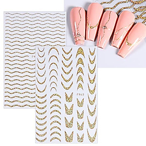 JMEOWIO 8 Sheets French Tip Nail Art Stickers Decals Self-Adhesive Pegatinas Uñas Gold Line Nail Supplies Nail Art Design Decoration Accessories