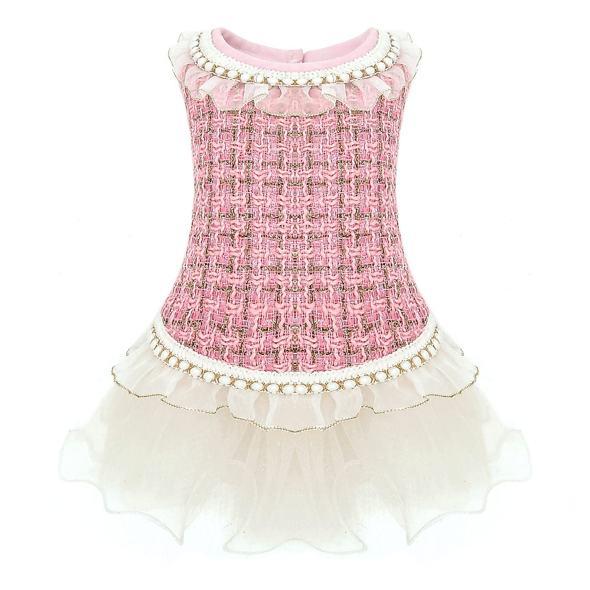 Dog Plaid Dress Lace Tulle Tutu Princess Skirt with Pearls Accessory for Small Girl Dogs Christmas Holiday Wedding Birthday Party (Pink, M)