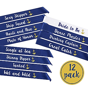 “Last Sail Before The Veil” Bachelorette Sashes | 12 Pack | 1 Bride to be Sash and 11 Bride Tribe Sashes with Fun Nautical Phrases
